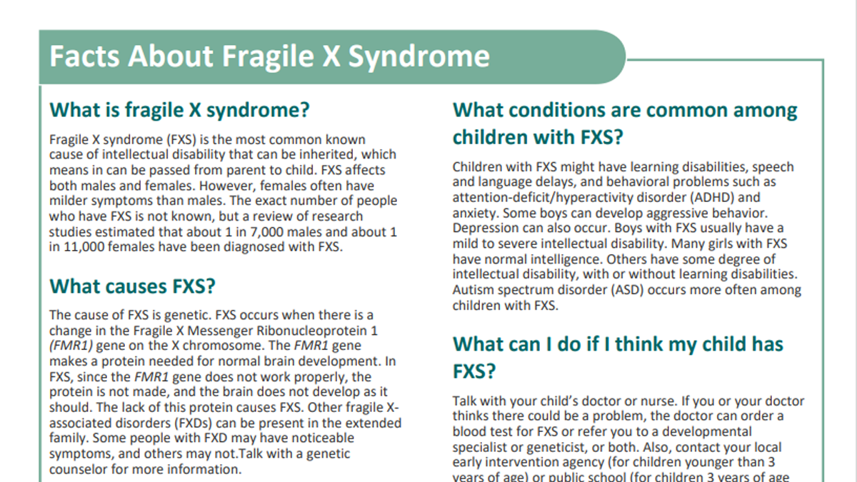 Free Materials On Fragile X Syndrome Fragile X Syndrome FXS CDC